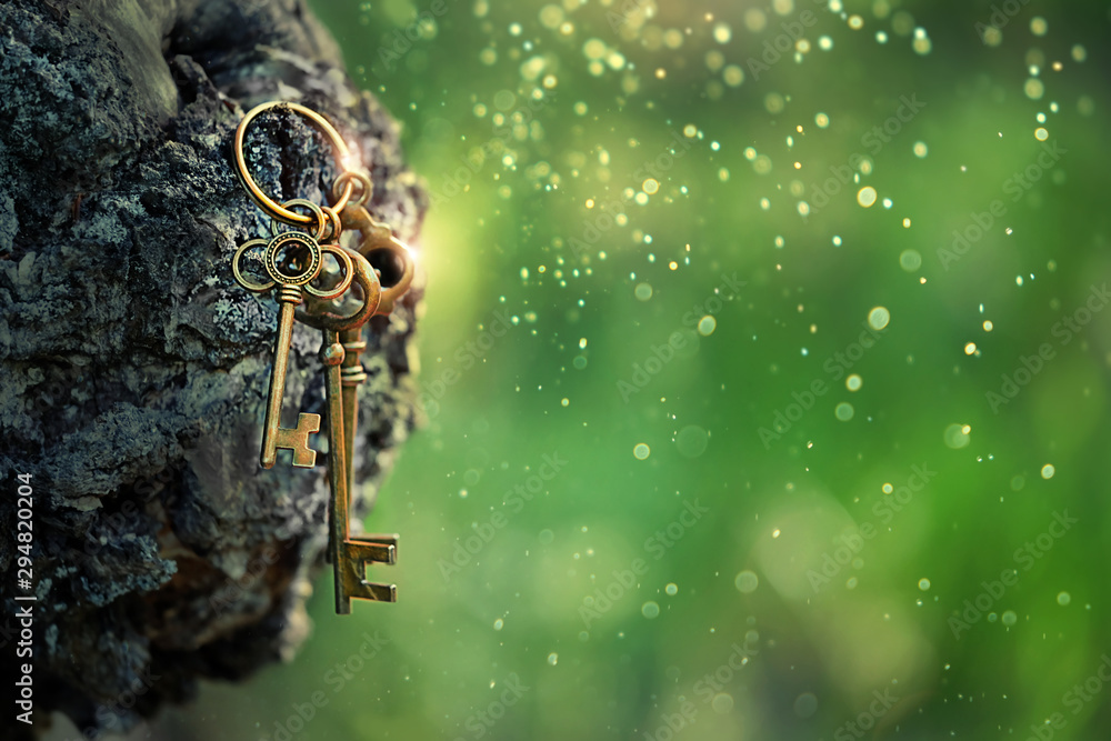 vintage golden keys on forest background. magical art composition with ...