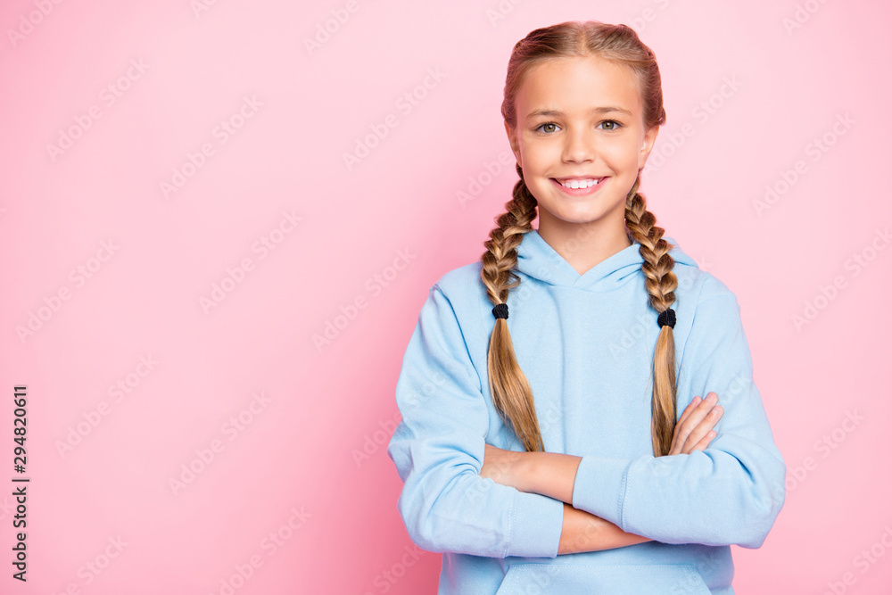 Photo of cheerful positive confident girl of good mood standing ...