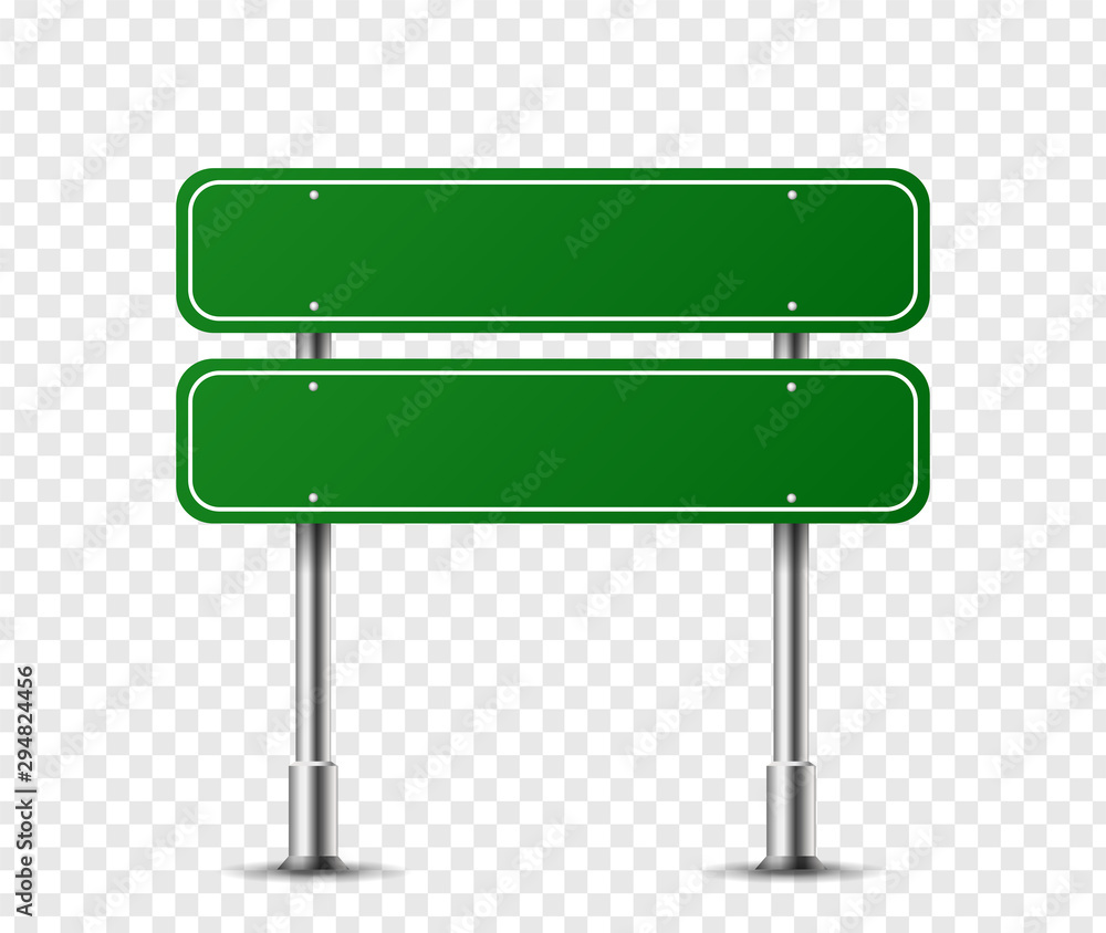 Realistic rectangle traffic sign on metal steel pole isolated. Green ...