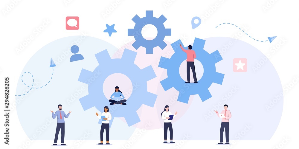 Team work business mechanism, gears, people are engaged in business ...
