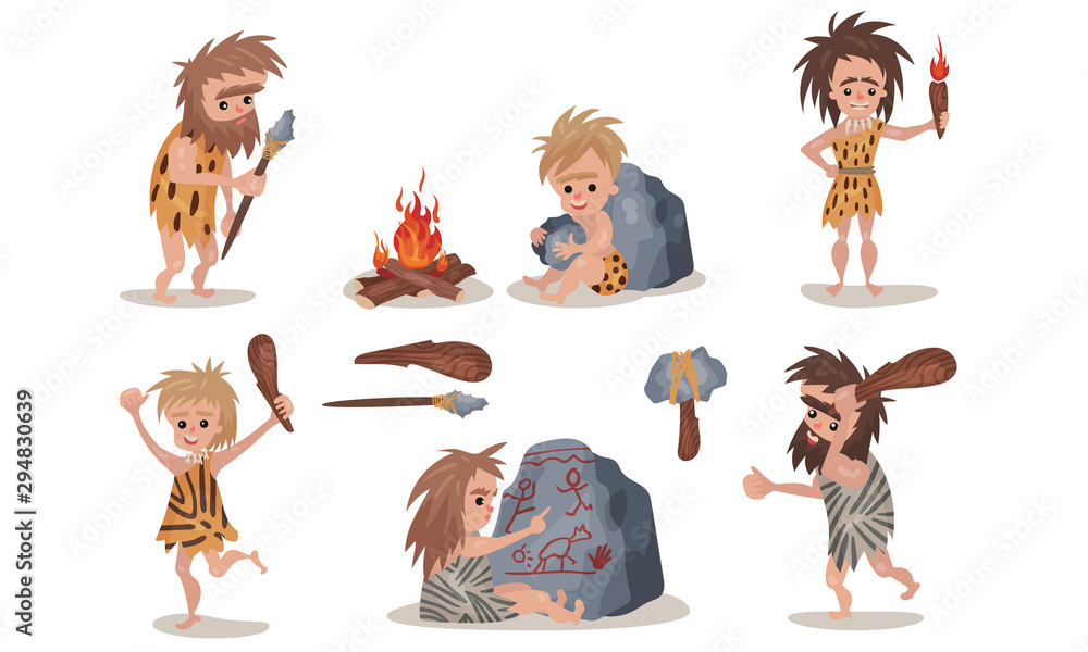 Cartoon Neolithic People Characters Vector Illustration Isolated On ...