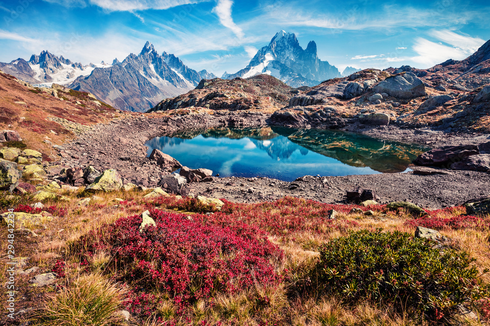 Colorful autumn view of Cheserys lake/Lac De Cheserys, Chamonix ...