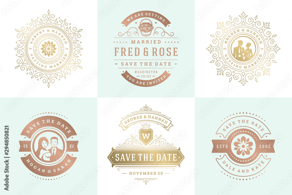 Wedding invitations save the date logos and badges vector elegant ...