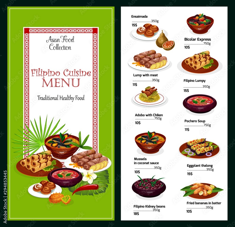 Filipino cuisine menu dishes, desserts Stock Vector | Adobe Stock
