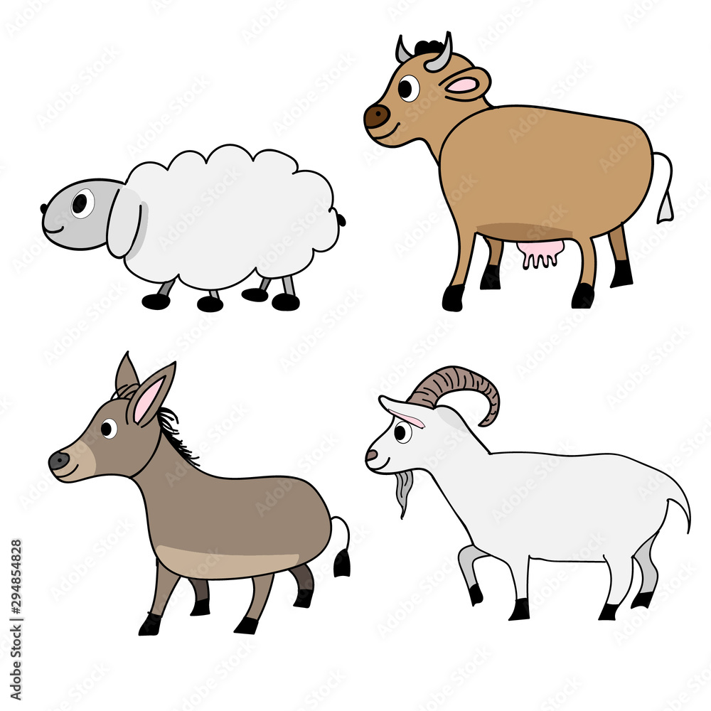 farm animal set. Cow, sheep ,donkey and goat cartoon illustration ...
