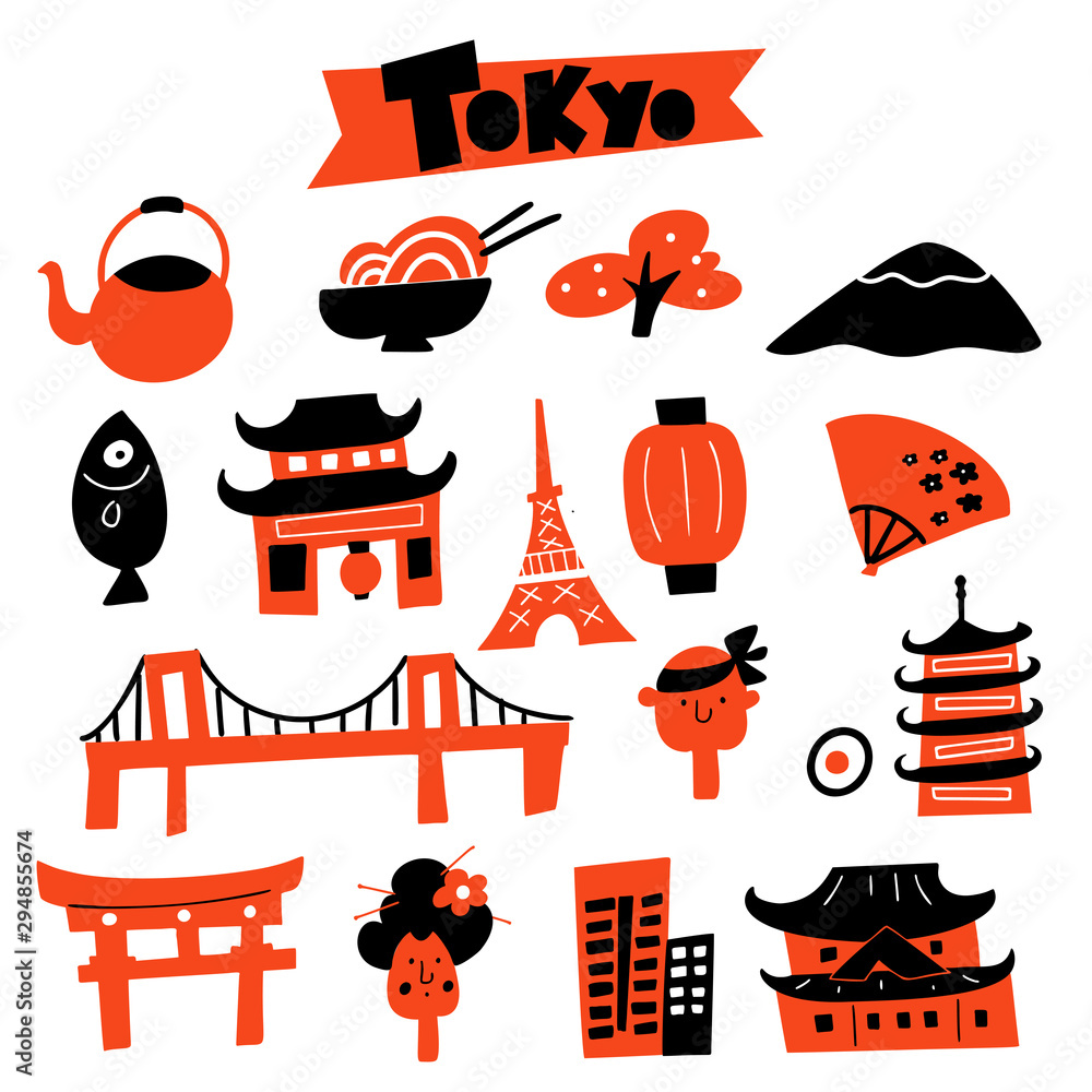 Vector illustration of Tokyo symbols and attractions. Stock Vector ...