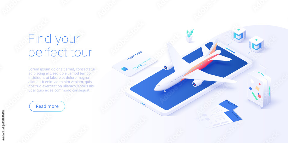 Travelling by air concept in isometric vector illustration. Around the ...
