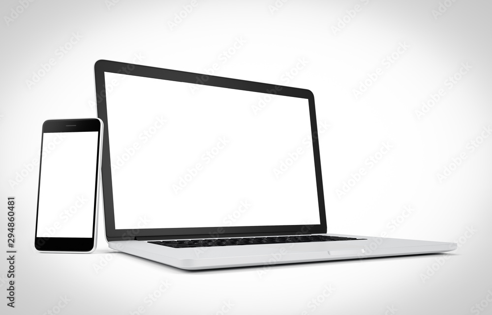Laptop and smartphone with blank screen isolated on white background ...
