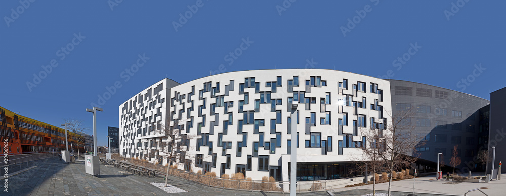 Great view on modern buildings of the campus of The Vienna University ...