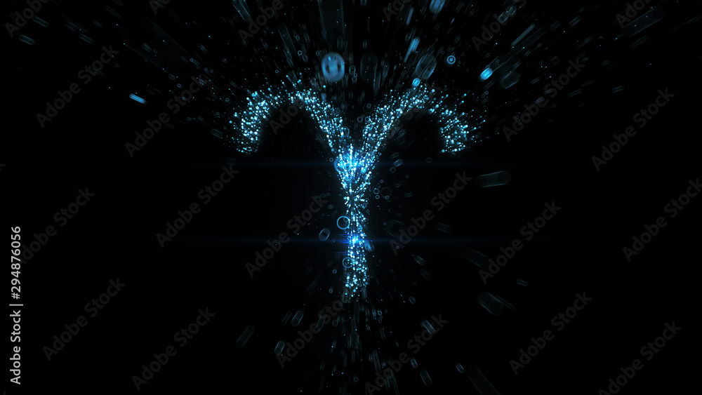 Glowing blue Aries zodiac symbol built from flying blue particles in ...