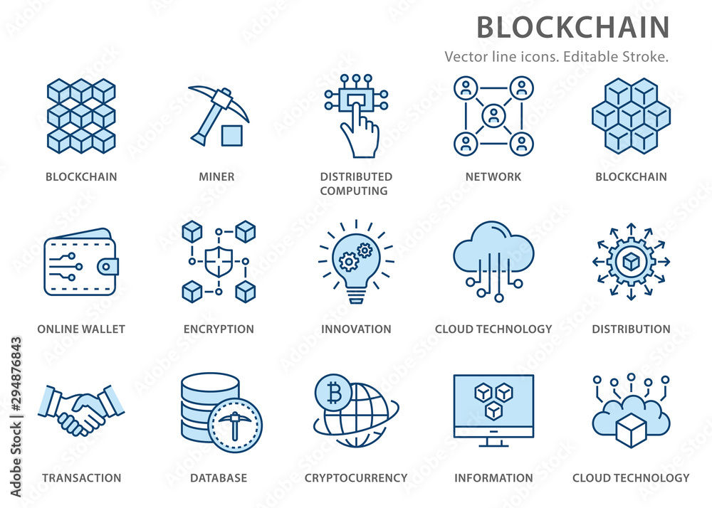 Blockchain technology flat line icon set. Vector illustration. Editable ...