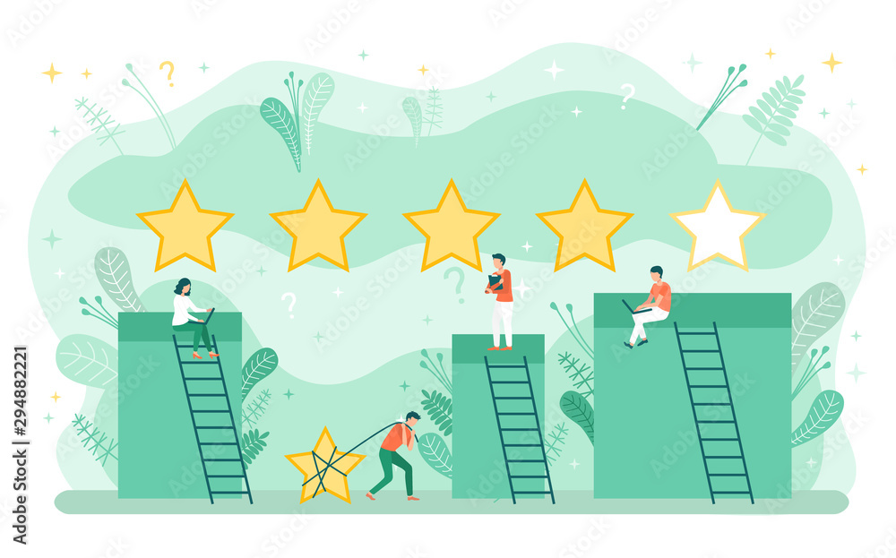 Employees quality, column with stairs, star sign. Man and woman ...