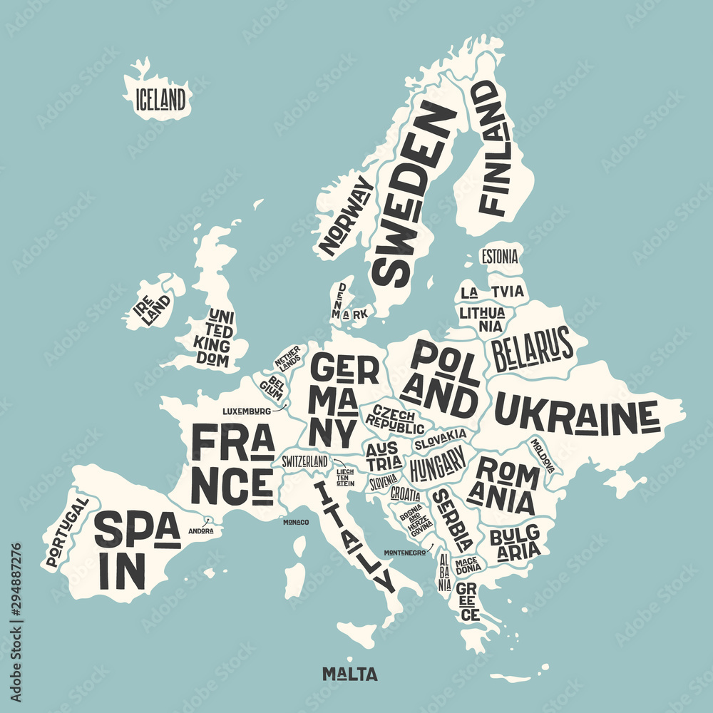 Europe, map. Poster map of the Europe with country names Stock Vector ...