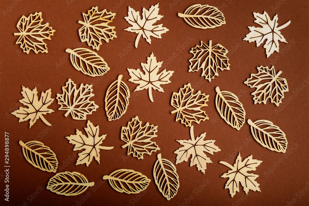 Different types of delicate light brown wooden leaves on textured ...