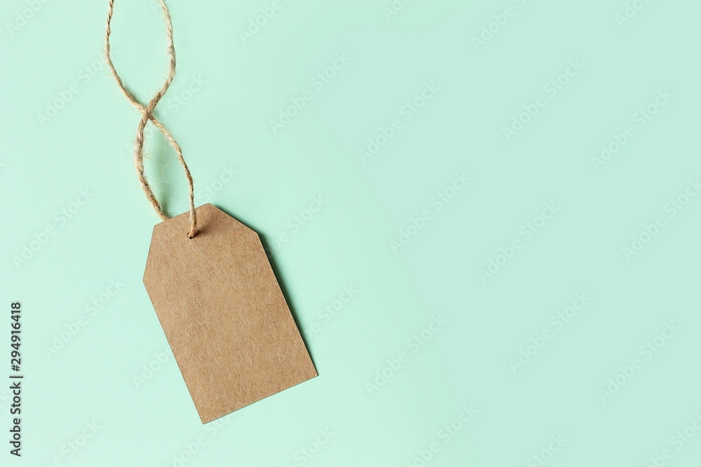 Brown cardboard price tag on pastel green background, top view. Sign ...