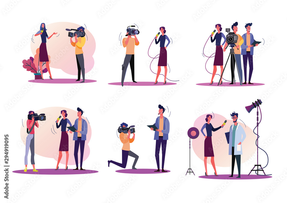 Reporters illustration set. Journalists and cameraman filming news ...