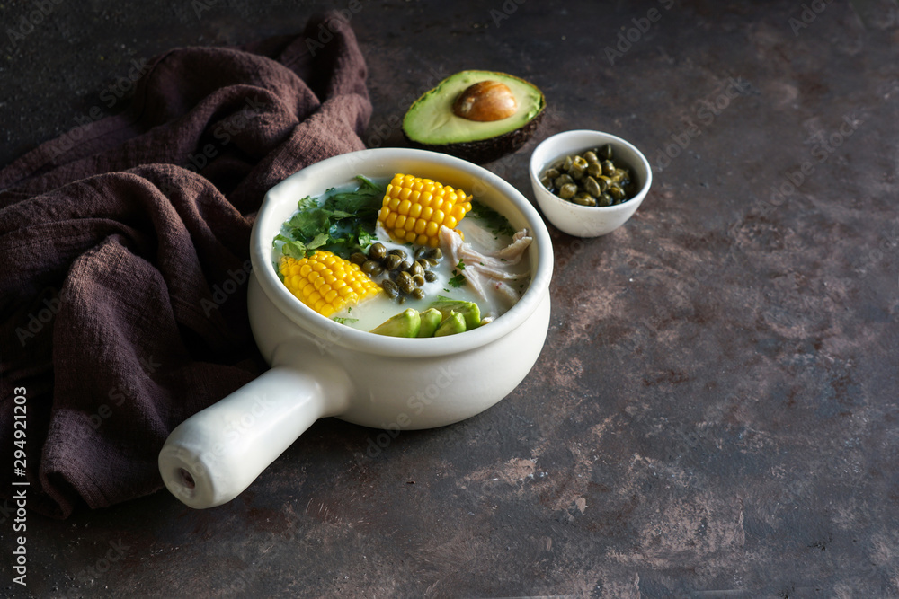 Ajiaco Colombiano. patato soup, common in Colombia, Cuba and Peru ...