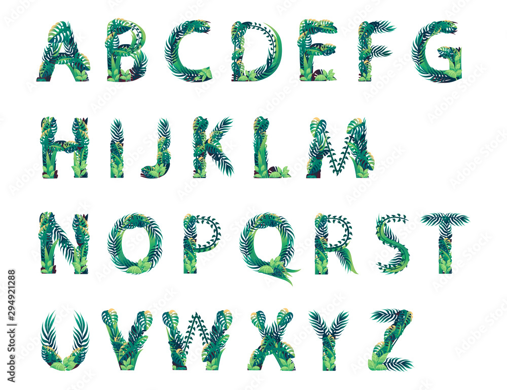 Set of Leaf alphabet with different types of green leaves and foliage ...