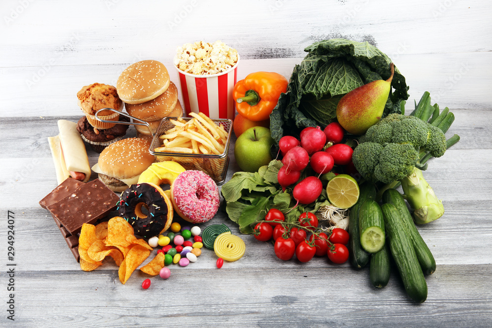 healthy or unhealthy food. Concept photo of healthy and unhealthy food ...