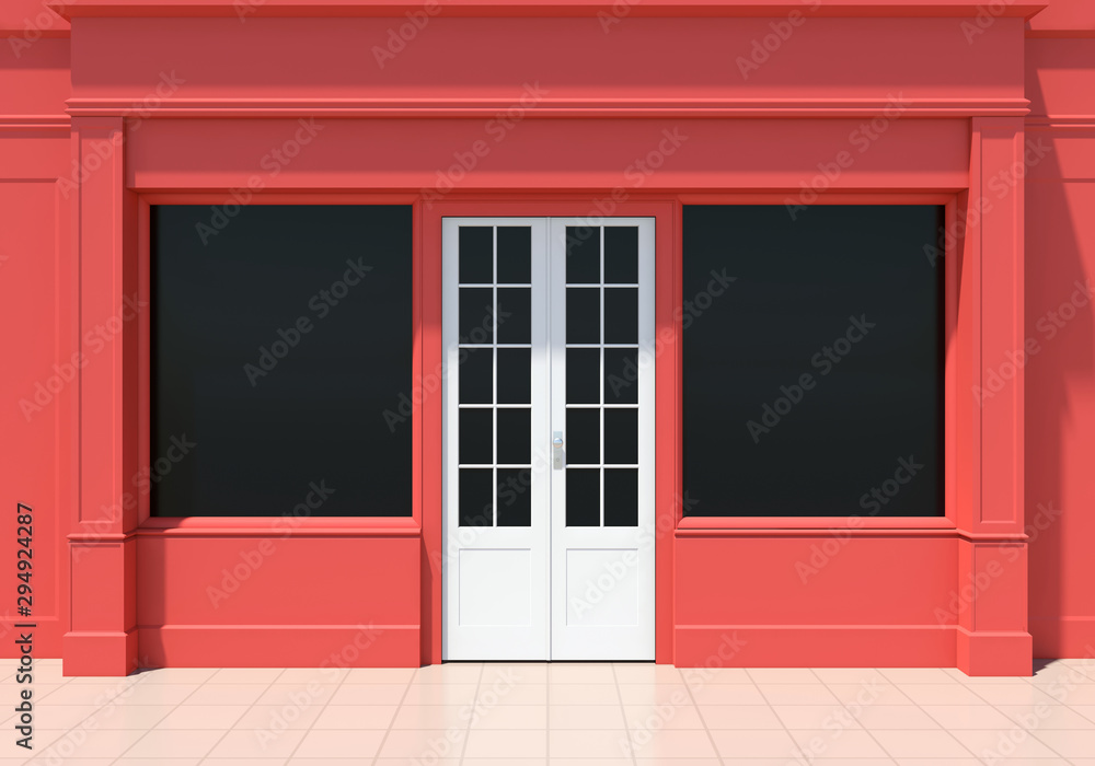 Classic red shopfront with large windows. Small business red store ...