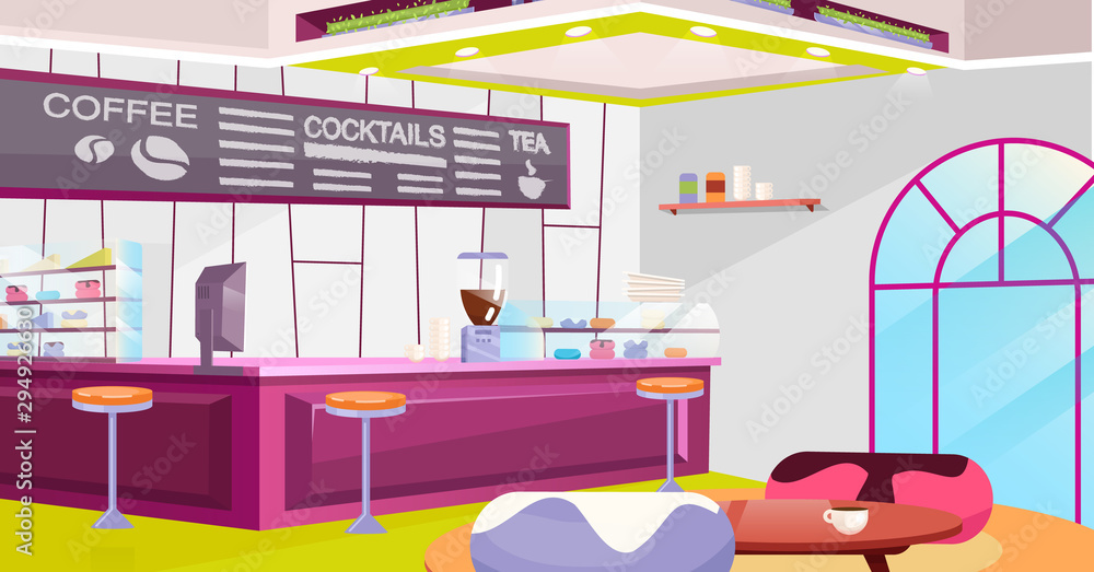 Coffeehouse interior flat vector illustration. Cozy cafe with trendy ...