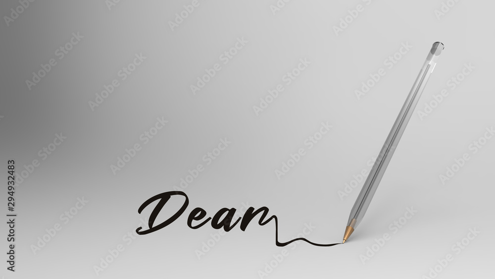 Dear word written with calligraphy with Transparent plastic ball pen on ...