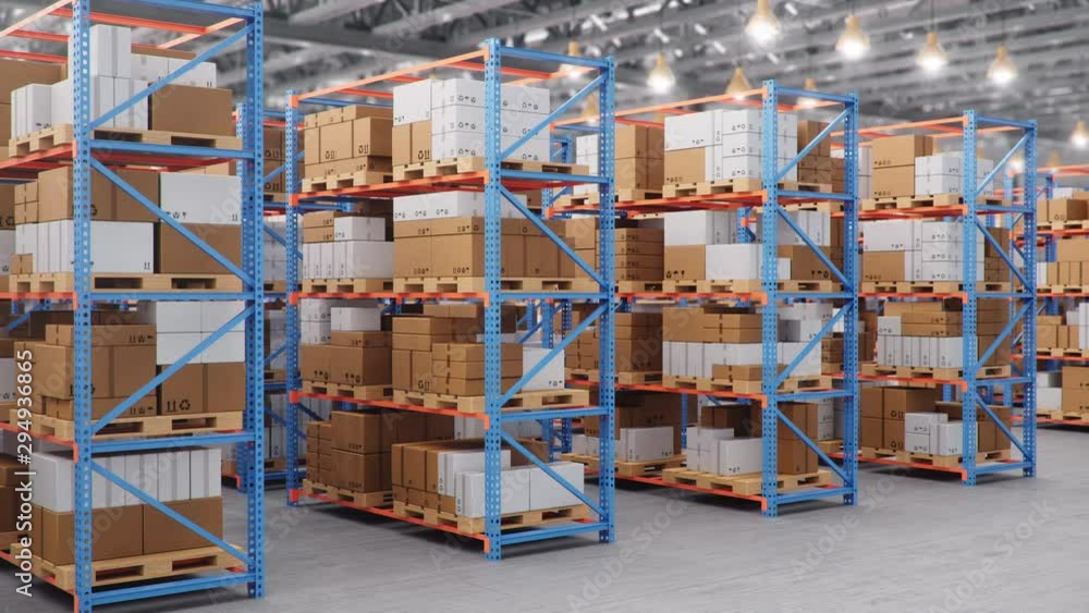 Warehouse with cardboard boxes inside on pallets racks, logistic center ...