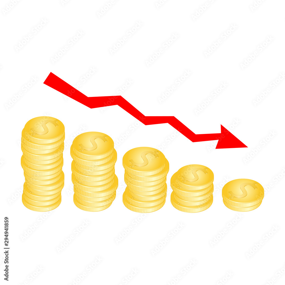 Drop in revenue. Chart with gold coins. Worsening welfare. Bankruptcy ...