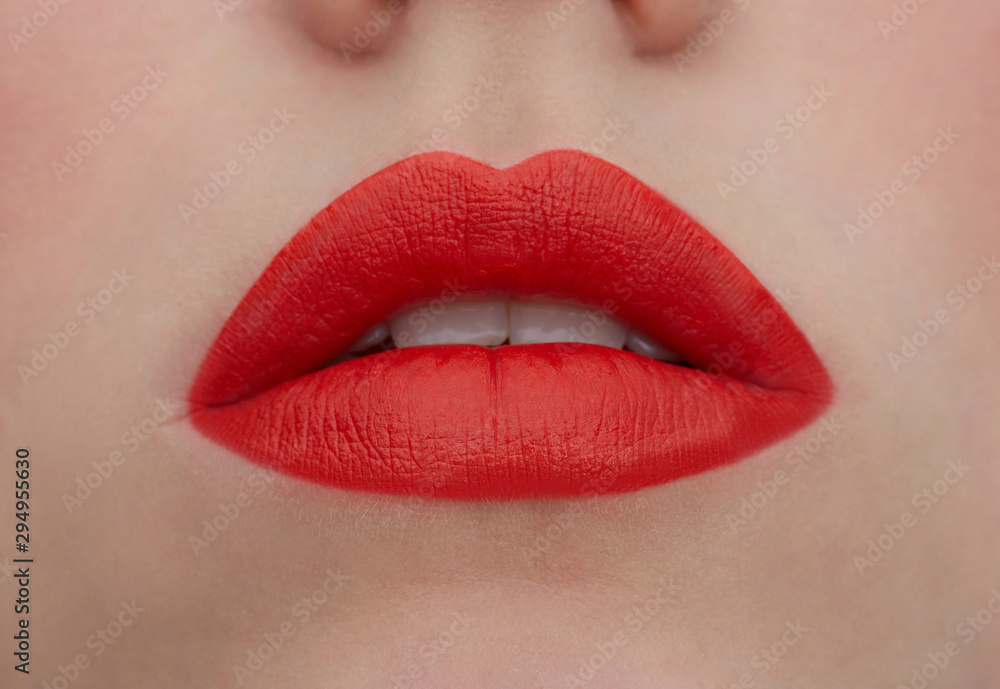 Made up red lips, close-up Stock Photo | Adobe Stock