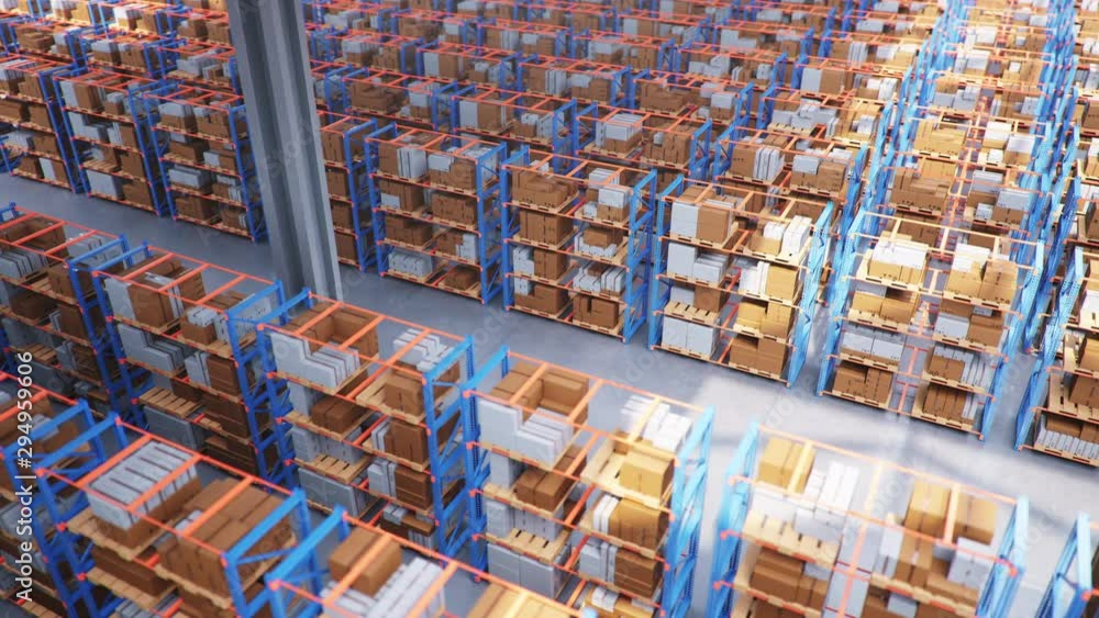 Warehouse with cardboard boxes inside on pallets racks, logistic center ...