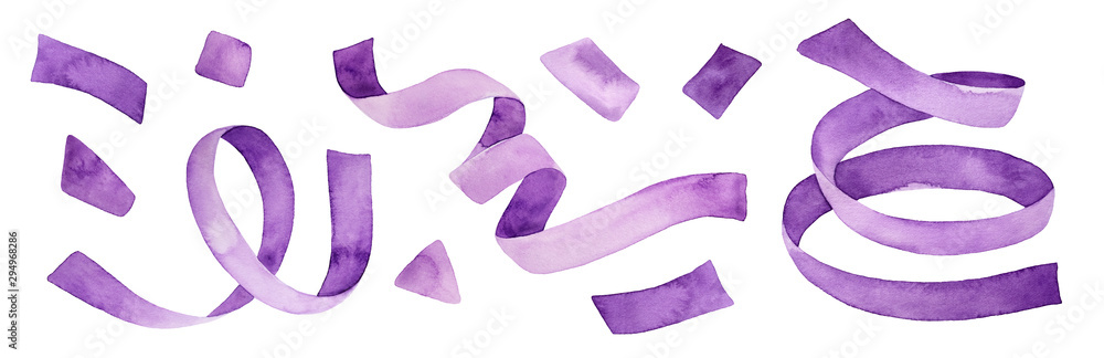 Purple colored party streamer and flying confetti pieces collection ...