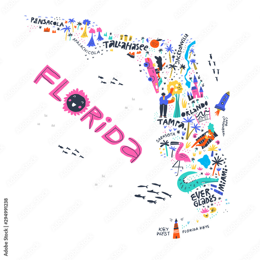 Florida state map top view vector illustration. US city names freehand ...