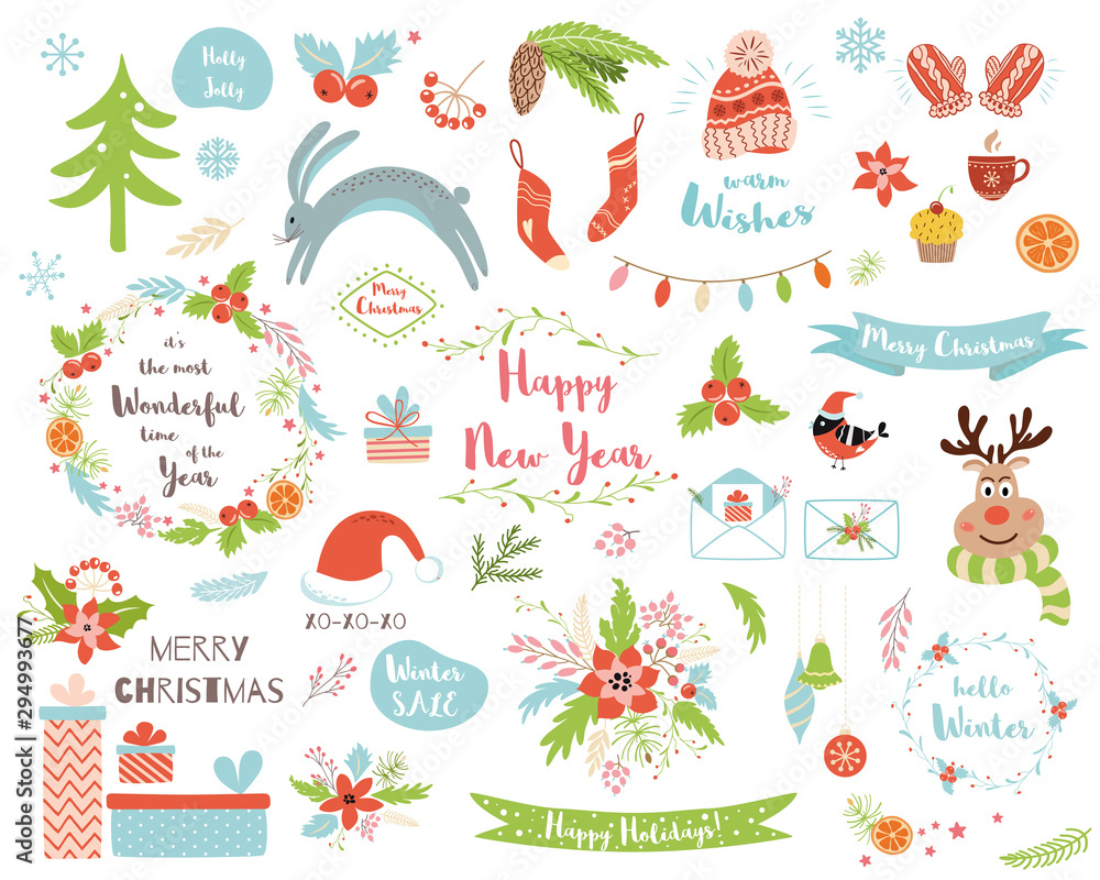 Christmas set New Year clipart elements Deer fur-tree wreaths Santa hat ...