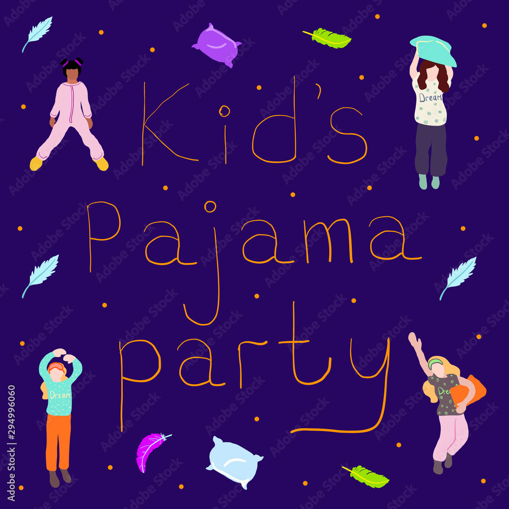 Young happy kids in pajamas with pillows. text pajama party. concept ...