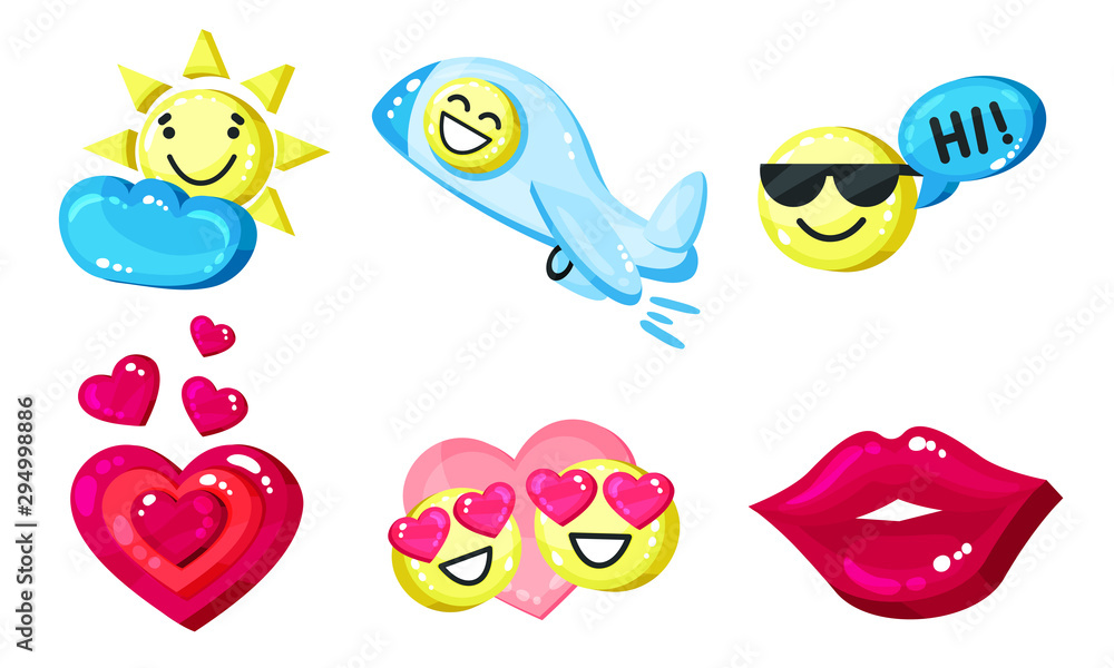 Cartoon Smiling Sticker Set. Flat Isolated Symbols Stock Vector | Adobe ...