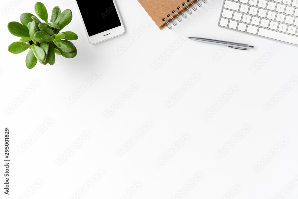 Elegant workspace with business accessories isolated on white ...