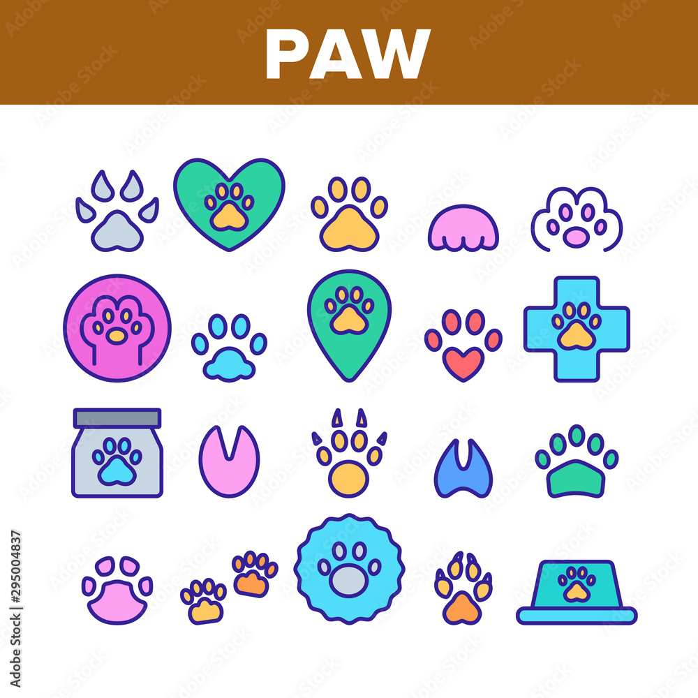Paw Animal Collection Elements Icons Set Vector Thin Line. Cat And Dog ...