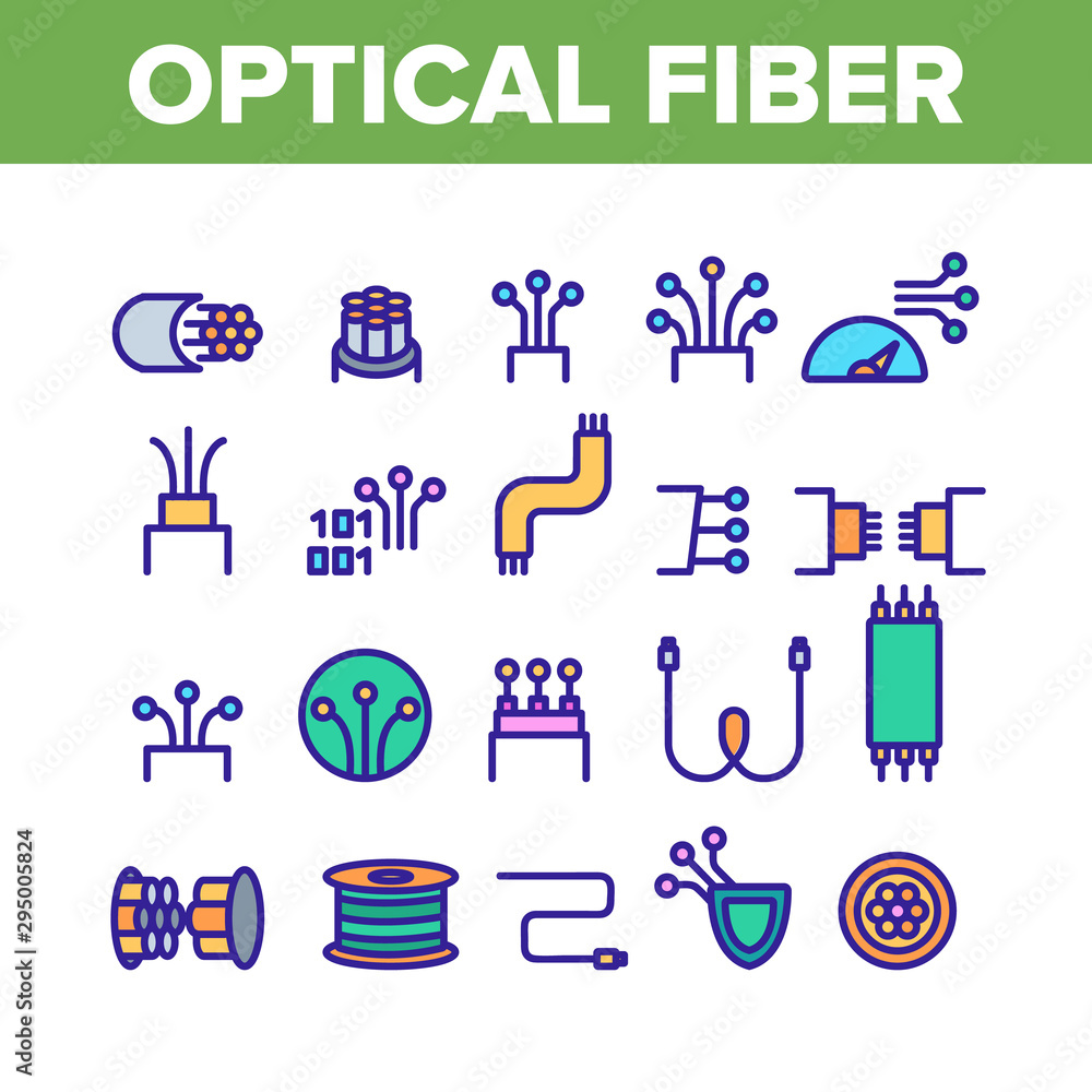 Optical Fiber Collection Elements Icons Set Vector Thin Line. Network ...