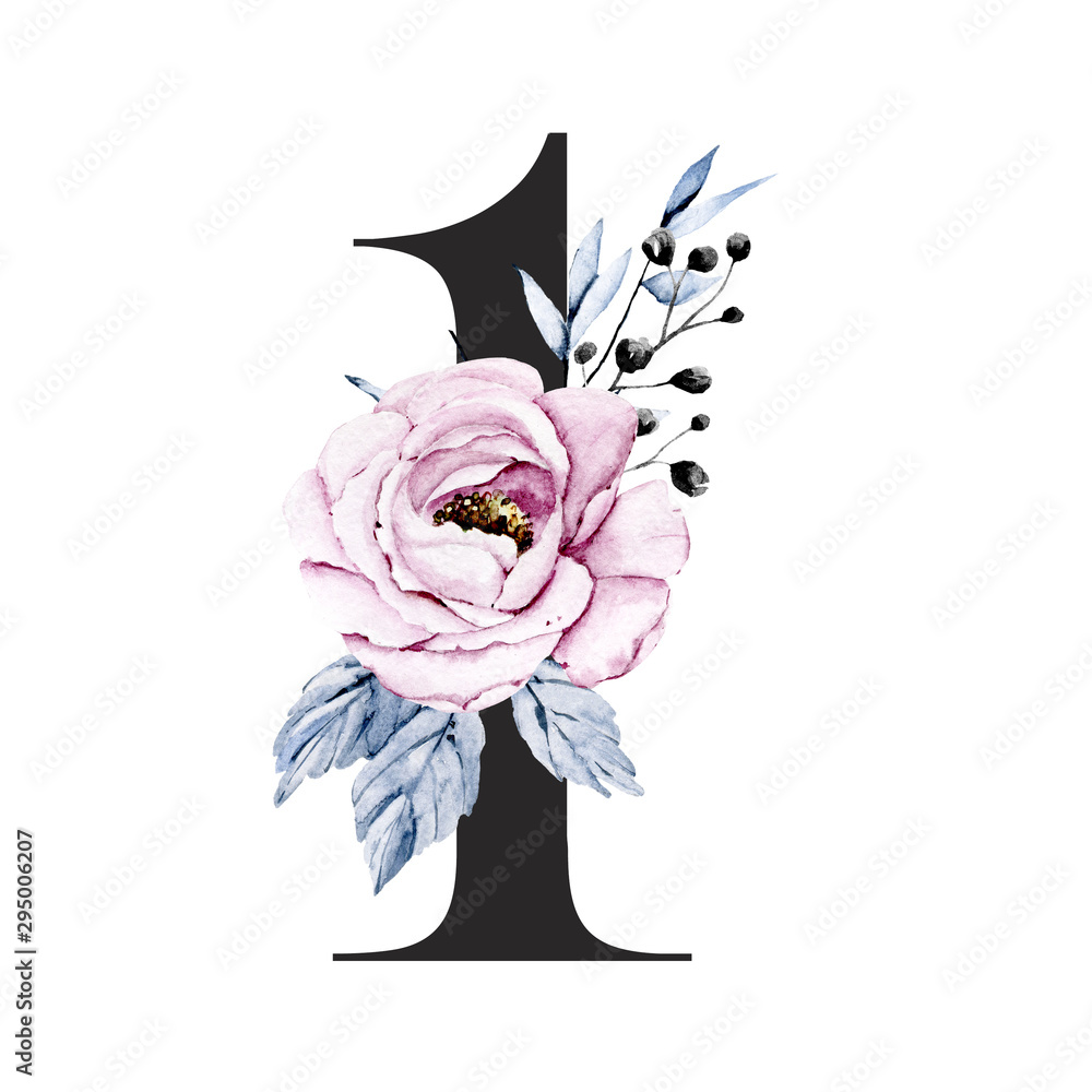 Number 1 with watercolor flowers and leaf. Perfectly for wedding ...