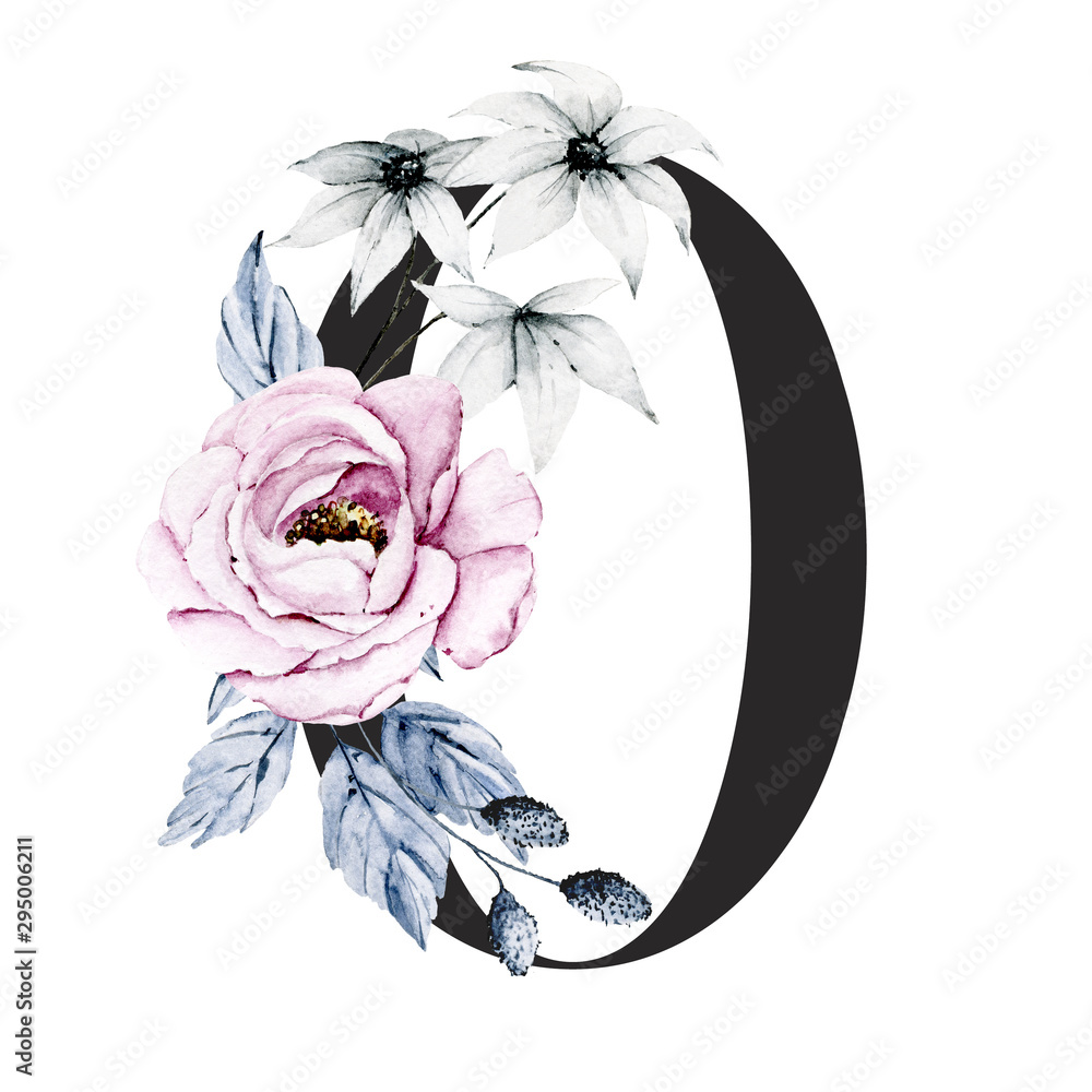 Number 0 with watercolor flowers and leaf. Perfectly for wedding ...