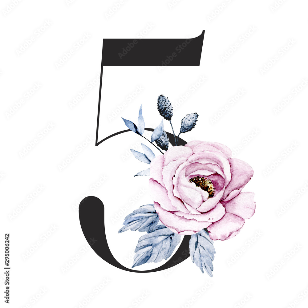 Number 5 with watercolor flowers and leaf. Perfectly for wedding ...
