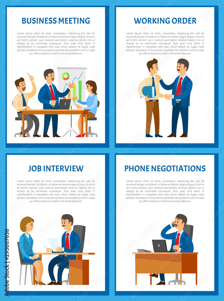 Business meeting, conference of team with boss vector. Negotiation on ...