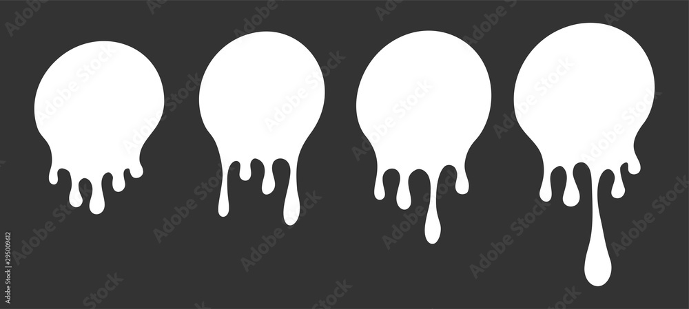 Dripping round paint set, liquid ink splash and drops. Melted circle ...