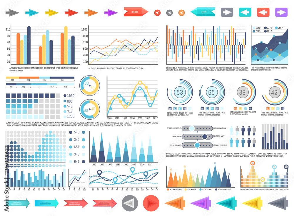 Charts and pie diagrams with numbers information vector. Pointers and ...