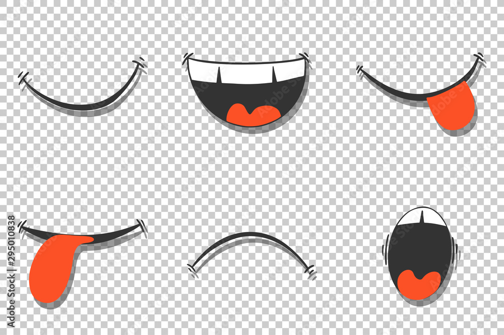 Set of different smiles. Funny and sad, cute emotions in cartoon style ...