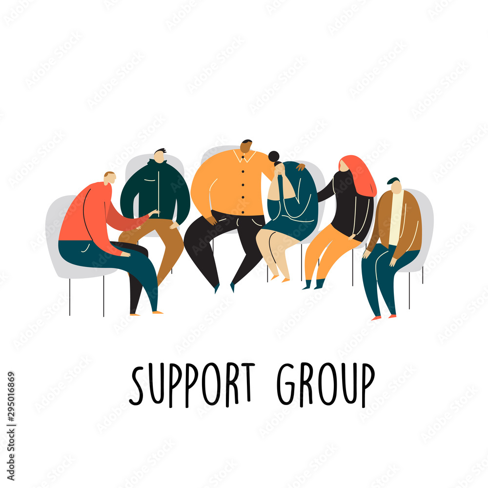 Meeting of support group members. Group of people sitting on chairs and ...