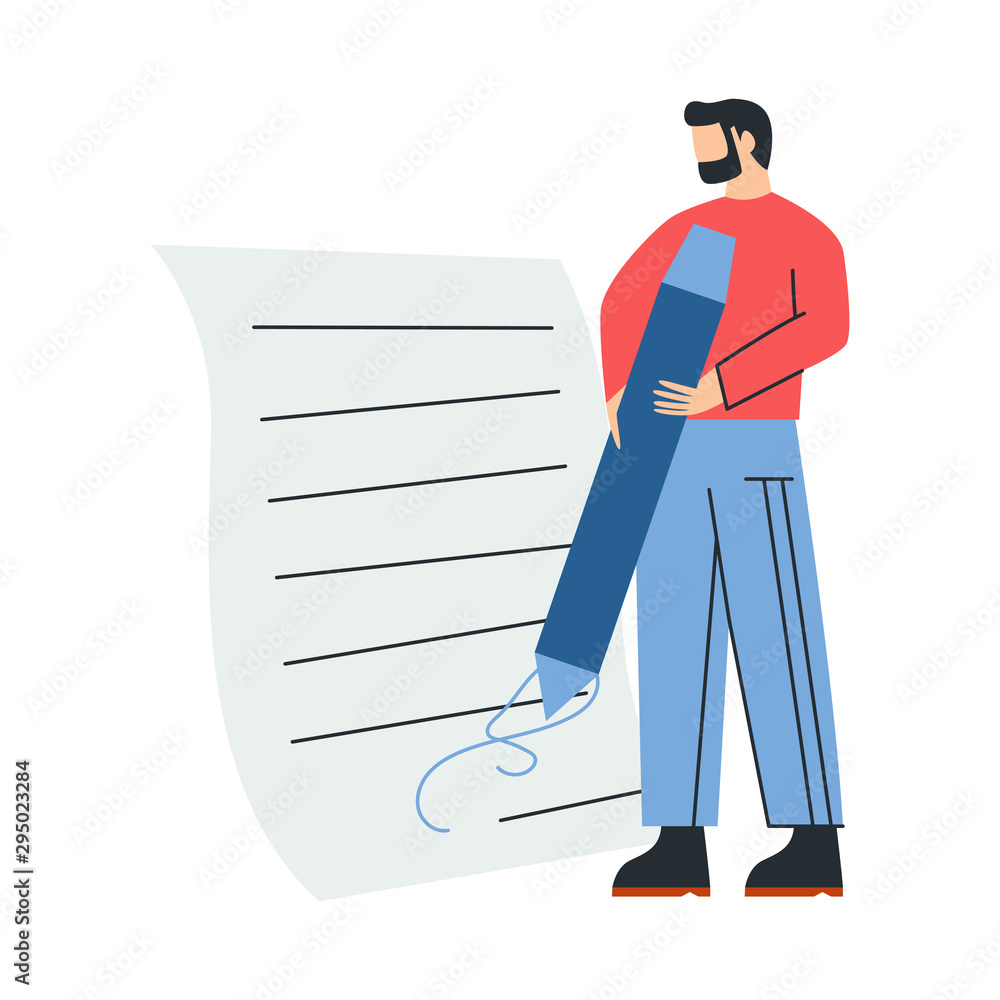 Man signing giant paper with huge pen. Online terms and conditions ...