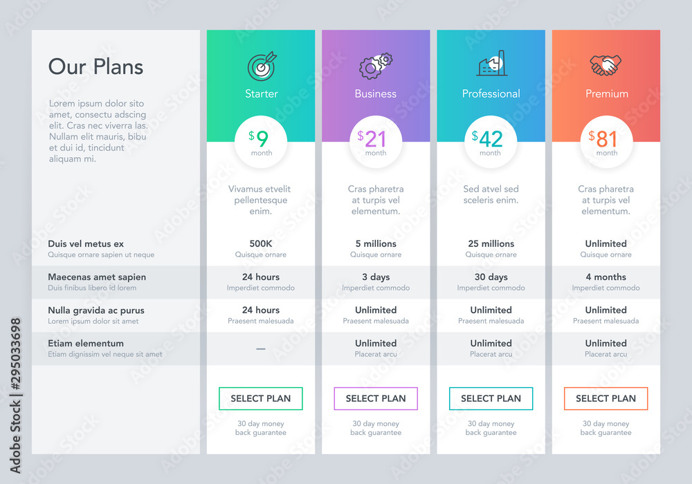 Modern pricing comparison table with four subscription plans and place ...