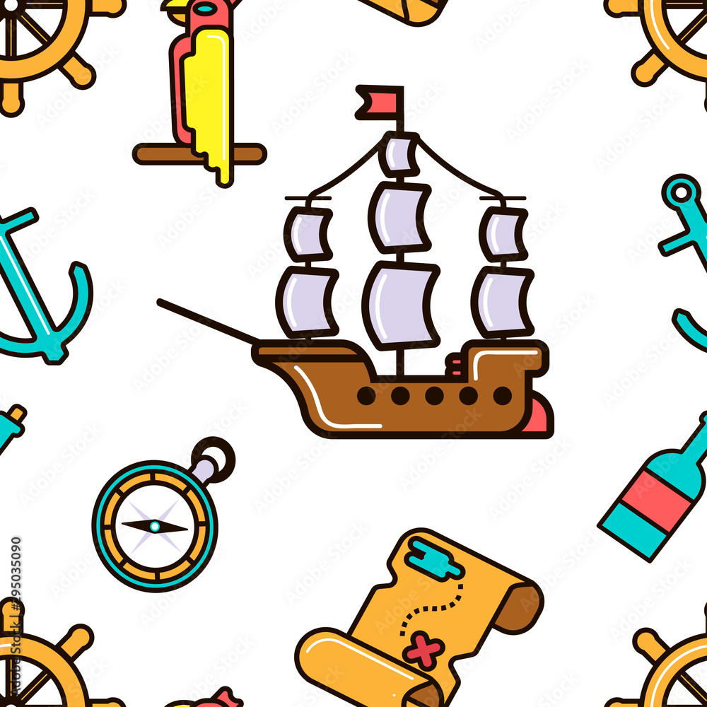 Pirate ship and treasure map adventurous kids seamless pattern Stock ...