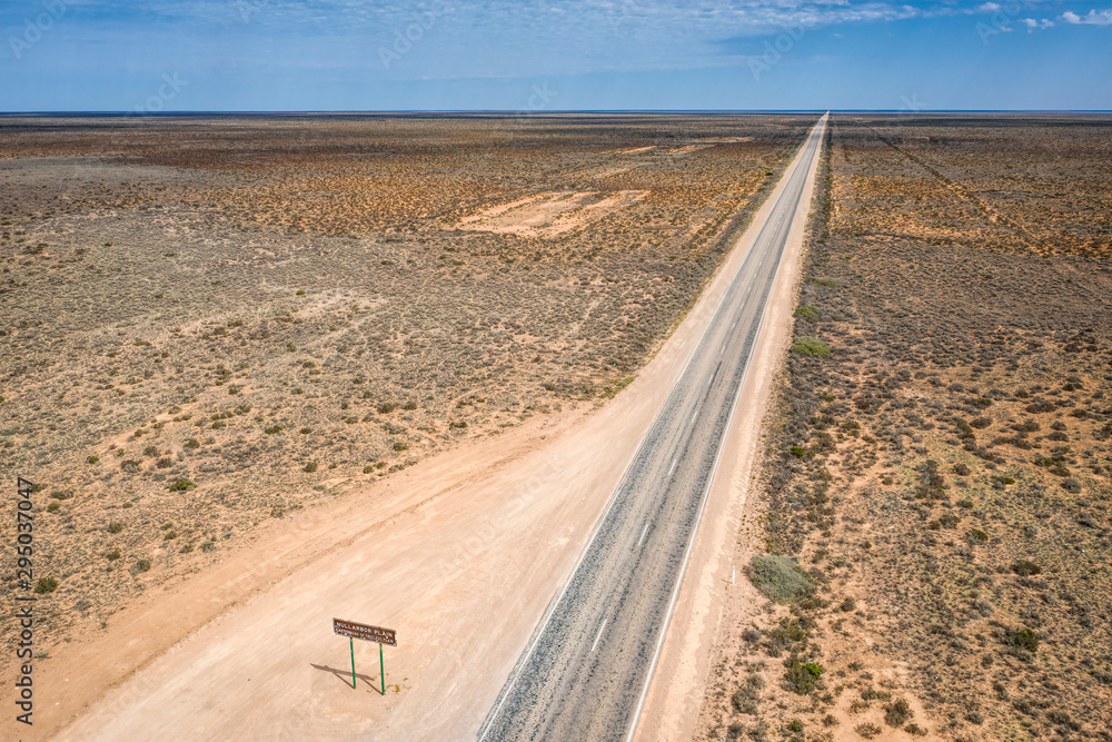 Aerial view of the Nullarbor Plain with the iconic sign denoting the ...